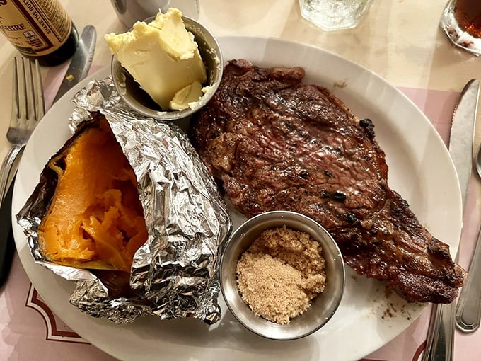 The ribeye arrives like a meaty meteor that crashed onto your plate. That sear isn't just color&mdash;it's flavor crystallized.