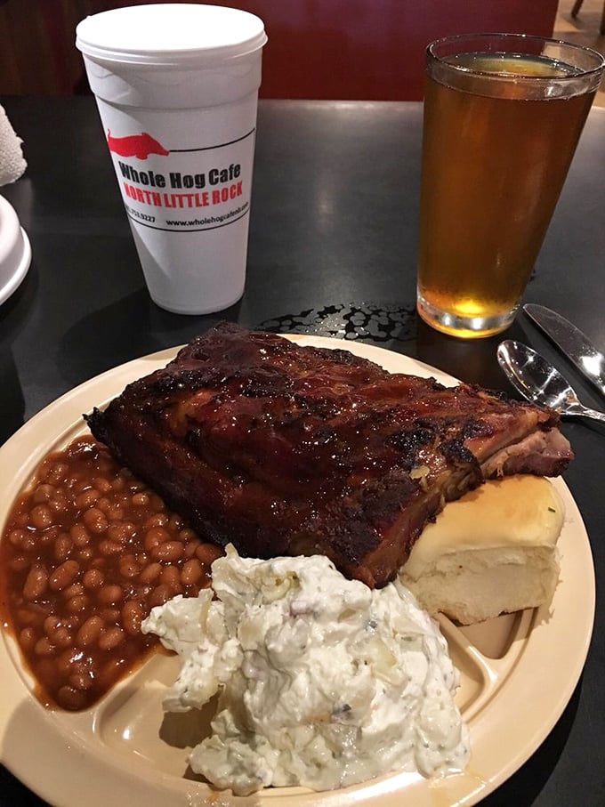 Barbecue nirvana on a plate&mdash;glistening ribs with that perfect bark, creamy potato salad, and beans that have clearly been simmering since dawn.