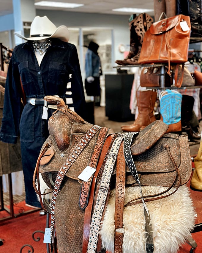 Western elegance meets thrift store prices. That saddle's seen more action than most cowboys, but still has miles of style to go.