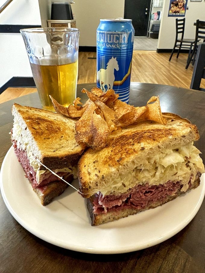 The Reuben in its natural habitat&mdash;alongside house-made chips and a cold Montucky. The holy trinity of lunch perfection.
