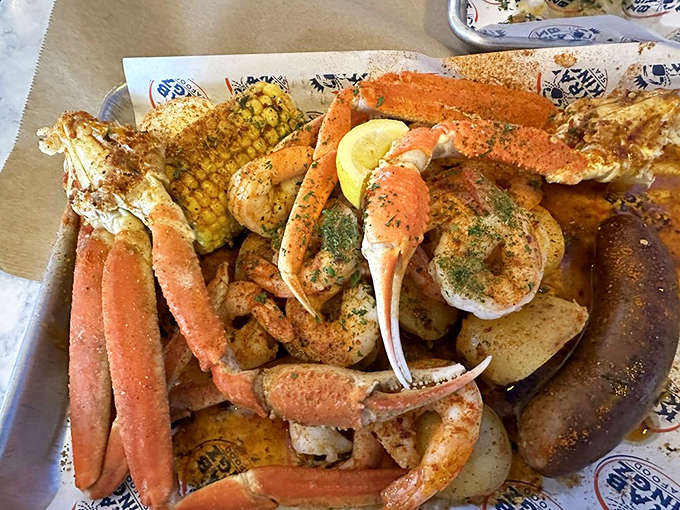 Snow crab legs, shrimp, corn, and potatoes arranged like edible artwork&mdash;a feast that transforms Springfield into a coastal getaway.
