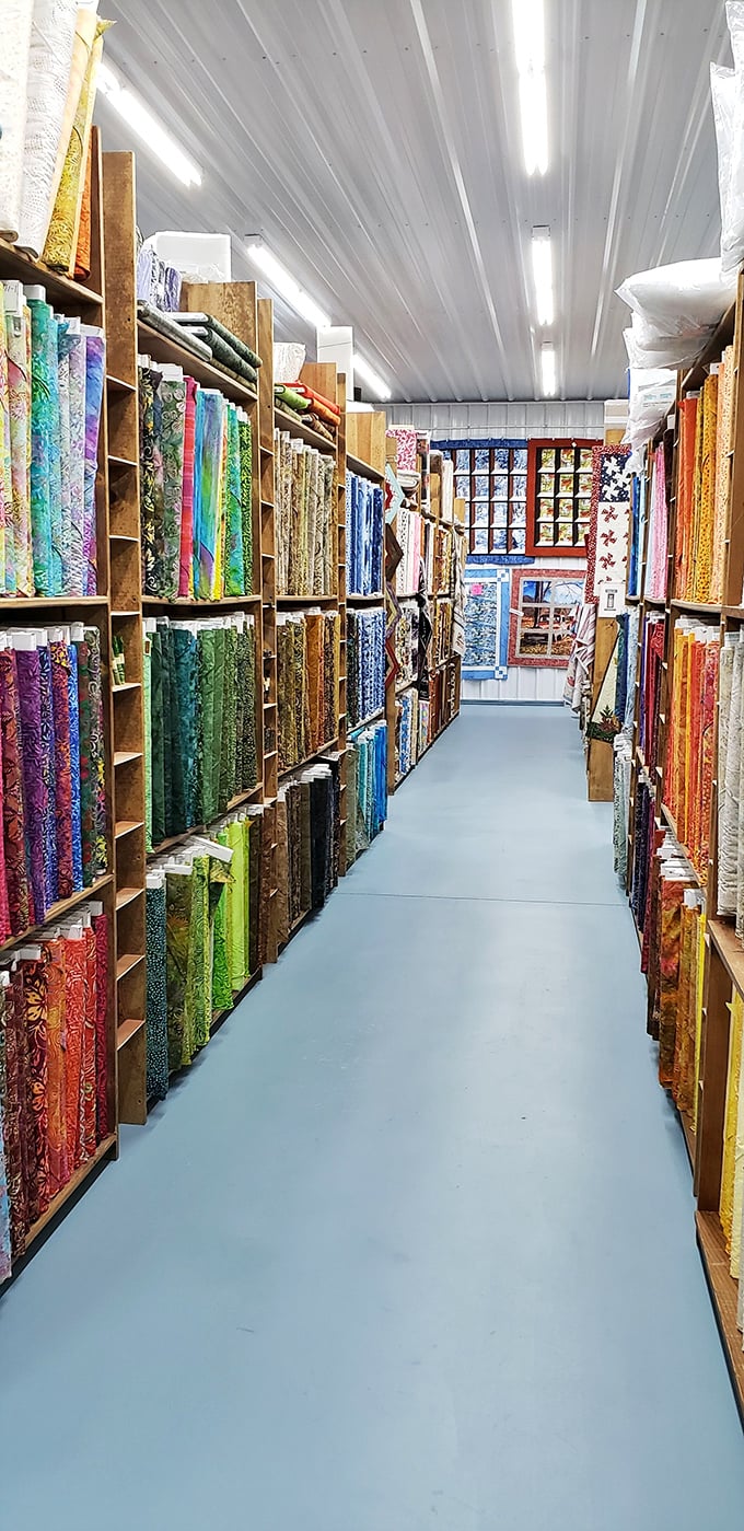 The fabric equivalent of a library's rare book collection. These color-coordinated shelves contain stories waiting to be told through needle and thread.
