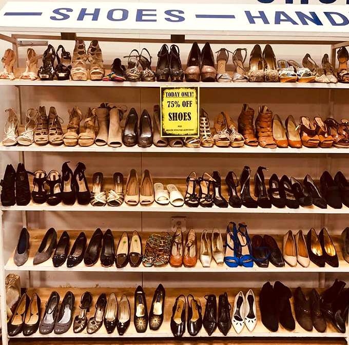 Imelda Marcos would weep with joy. These shelves tell tales of dance floors, job interviews, and wedding receptions from decades past.