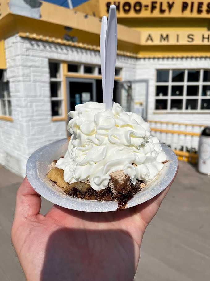 Nothing says "vacation mode activated" like shoofly pie topped with a mountain of whipped cream enjoyed right outside the bakery.