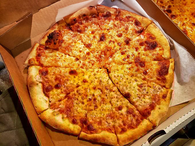 This classic cheese pizza showcases the ideal ratio of sauce to cheese, with a perfectly crisp yet foldable crust that's pizza engineering at its finest.