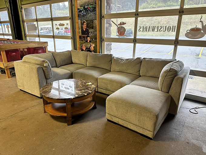 This sectional sofa awaits its second act in someone's living room. Yesterday's furniture becomes tomorrow's family gathering spot at bargain prices.