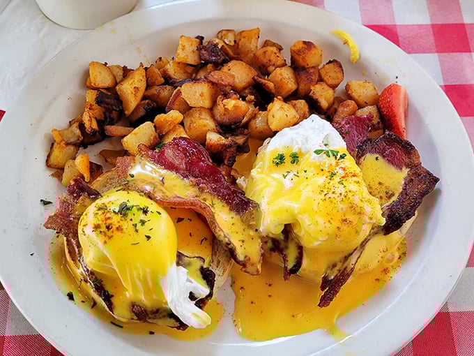 Eggs Benedict with a southwestern twist&mdash;where hollandaise meets the desert and potatoes are guilty accomplices in this morning masterpiece.