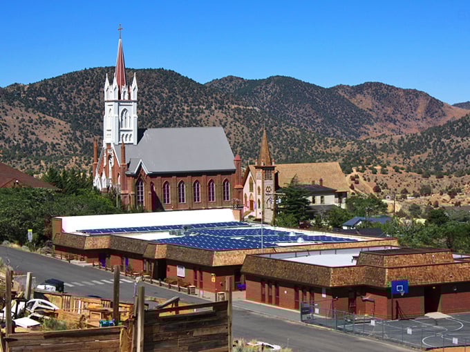 St. Mary's in the Mountains rises majestically against Nevada's blue sky, a spiritual beacon that survived fires and mining busts.