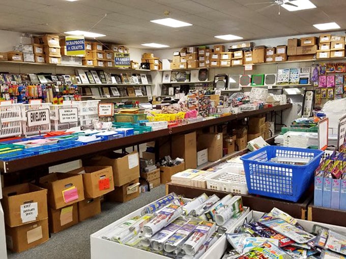 Where organization meets opportunity—shelves stacked with possibility and cardboard boxes holding who-knows-what waiting to be discovered.