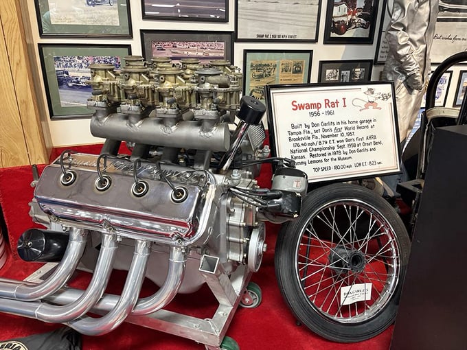 Swamp Rat I's engine sits like a mechanical heart transplant patient, ready to tell tales of quarter-mile glory and innovation.