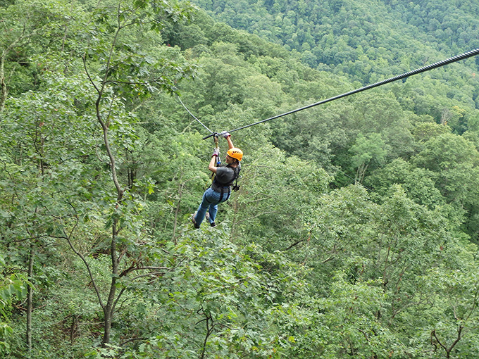 Nothing says "I'm conquering my fear of heights" like ziplining through a green canopy that makes the Blue Ridge Mountains look even bluer.