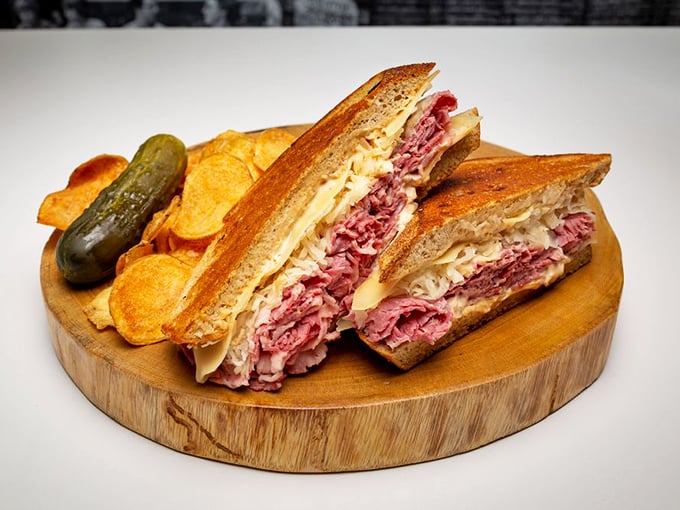 Behold the Royal Flush Reuben in all its glory! Architecture this perfect belongs in the Louvre, not just in your stomach.