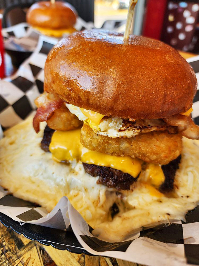 Meet the Sky Burger &ndash; a magnificent monument to excess featuring a juicy patty, fried onion rings, bacon, and egg. Your cardiologist just felt a disturbance in the Force.