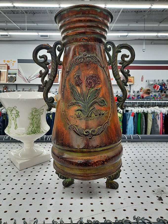 This ornate copper vase isn't just decorative&mdash;it's storytelling in metal form. Someone's discarded elegance becomes your conversation piece.