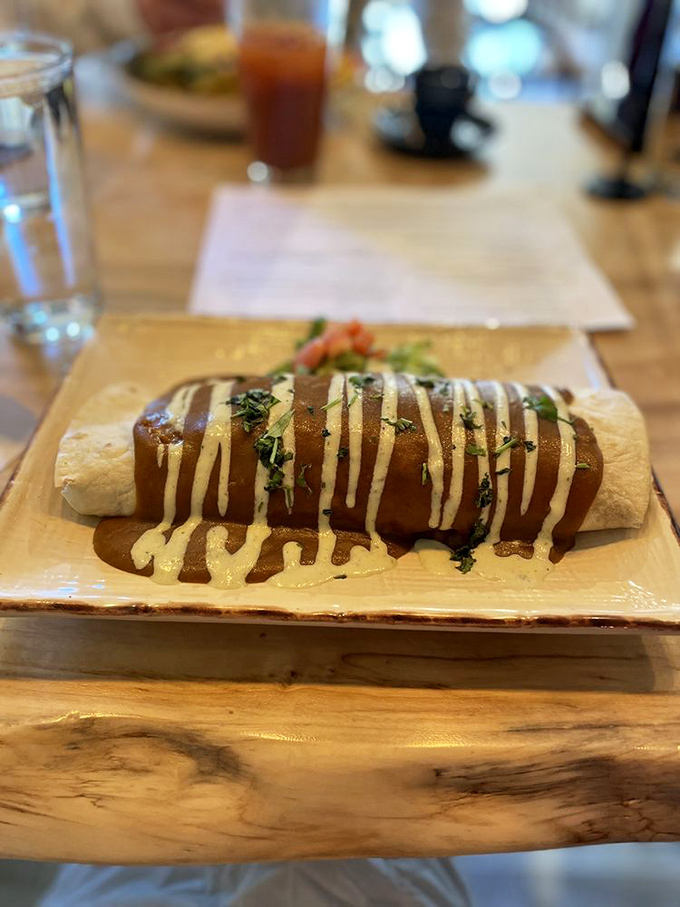 This isn't just a burrito—it's edible architecture. Sweet potato filling wrapped in a warm tortilla, drizzled with sauce that makes you want to lick the plate.
