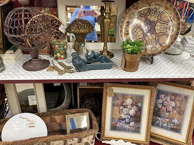 Every shelf tells a story here. That brass decorative globe isn't just an object; it's a conversation piece collecting compliments instead of dust.