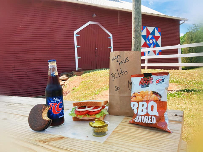 Rural picnic perfection &ndash; an RC Cola, homemade sandwich, and BBQ chips create a trinity of simple pleasures worth the drive to Bostic.