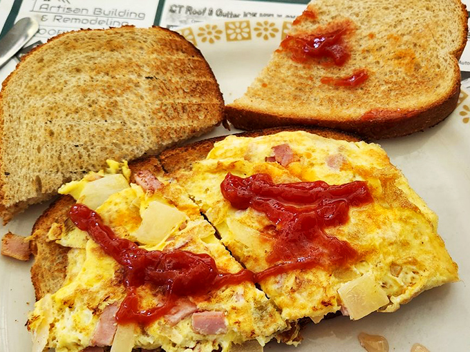 Western omelet architecture 101: structural integrity, proper cheese-to-filling ratio, and that essential splash of ketchup. College professors should teach this.