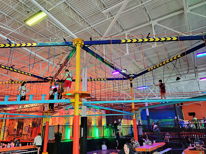 The aerial ropes course suspends adventurers in mid-air, proving that Oklahoma thrill-seekers don't need mountains to reach new heights.