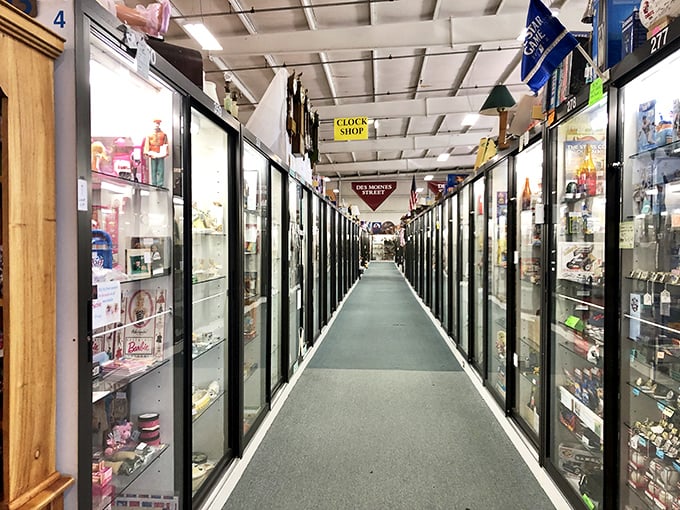 Long corridors of glass cases create an almost museum-like experience, except here, every artifact has a price tag and can go home with you.