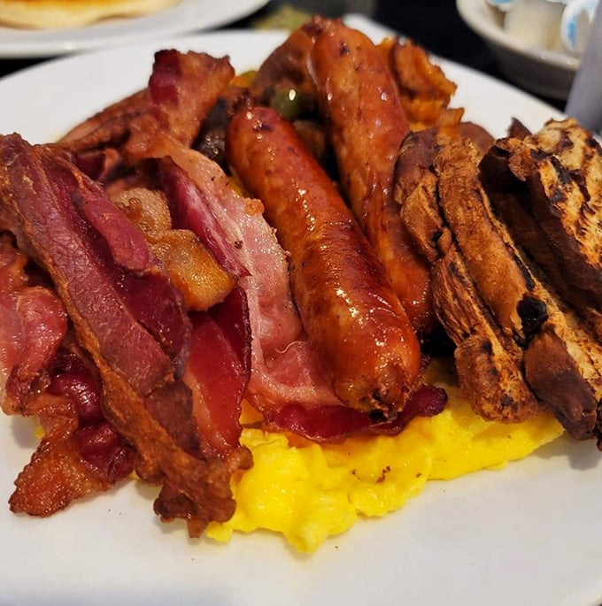 Bacon that's achieved that perfect sweet spot between chewy and crisp, alongside sausages that would make even a vegetarian question their life choices.