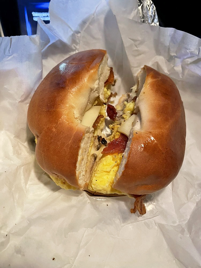 Behold the star of our show: a bagel sandwich that makes fancy brunch places weep with inadequacy.