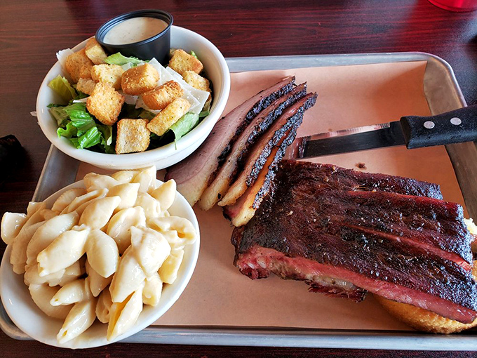 Behold the perfect marriage of protein and sides&mdash;brisket with that coveted smoke ring alongside creamy mac and cheese.