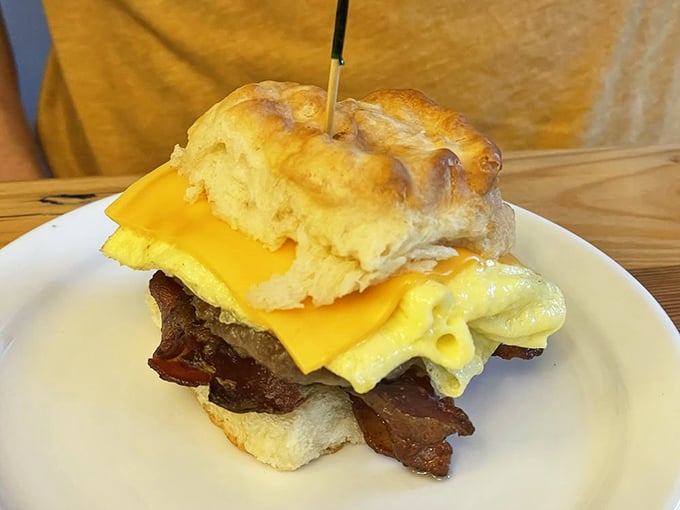 Breakfast sandwich architecture at its finest&mdash;a golden-brown biscuit embracing melty cheese, perfectly folded eggs, and bacon that means business.