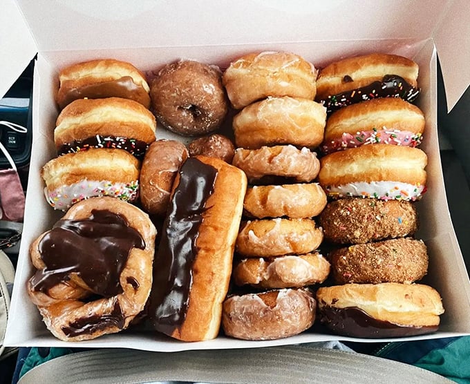 The ultimate Colorado souvenir that never makes it home. This box of assorted donuts is the breakfast equivalent of winning the lottery.