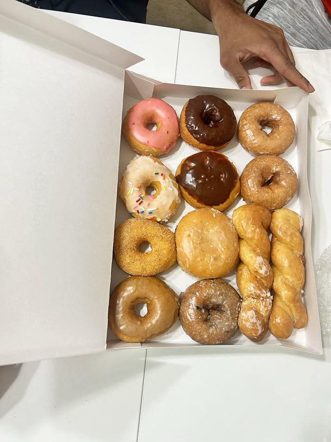 Donut heaven in cardboard form! This mixed dozen showcases the rainbow of possibilities, from classic glazed to that twisted beauty in the corner.