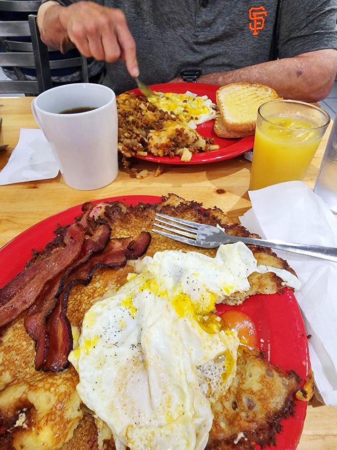 Breakfast alchemy at its finest: golden-edged omelet, perfectly crisped potatoes, and toast that makes ordinary bread seem like a wasted opportunity.