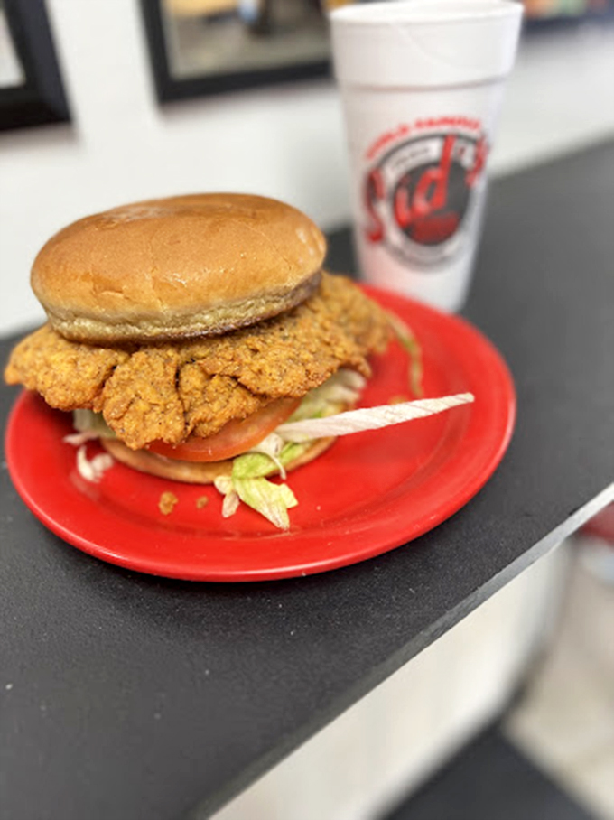 Not all heroes wear capes&mdash;some wear golden-fried breading. This crispy chicken sandwich on its throne of red dishware demands your immediate attention.