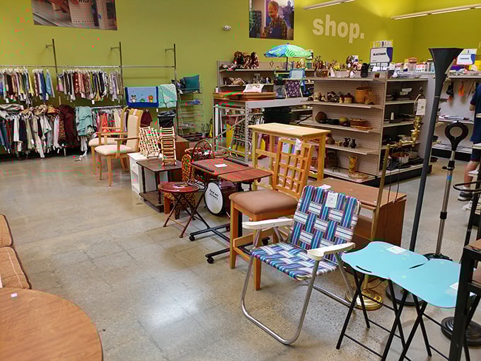 Furniture island&mdash;where retired chairs gather to tell tales of dinner parties past. That woven lawn chair has definitely seen some 1970s backyard barbecues.