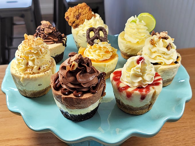 Heaven isn't a place on earth? Tell that to this blue plate of mini cheesecakes, each one a different path to dessert nirvana.