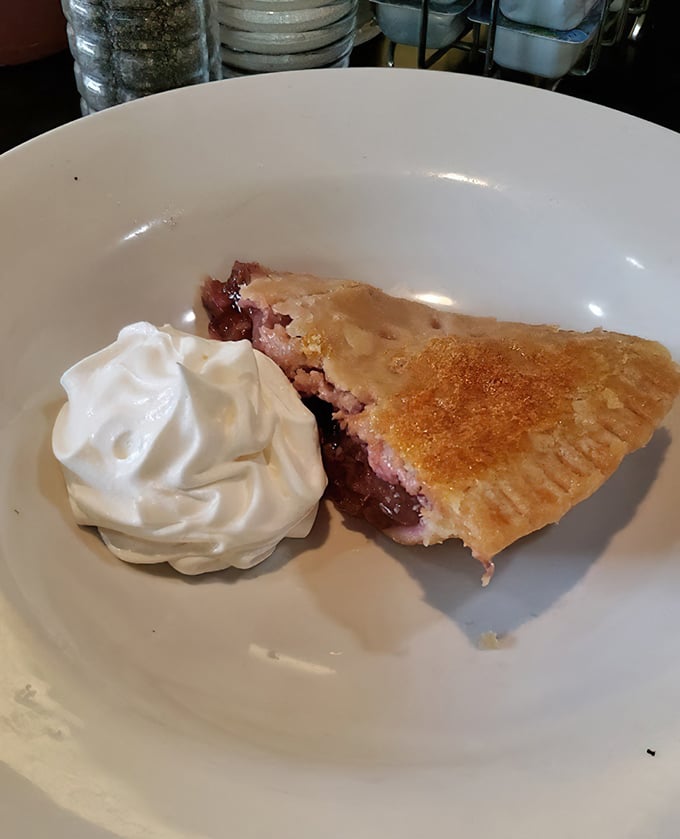 A slice of cherry pie that makes you understand why people write songs about dessert, complete with a cloud of whipped cream that's practically begging for a close-up.
