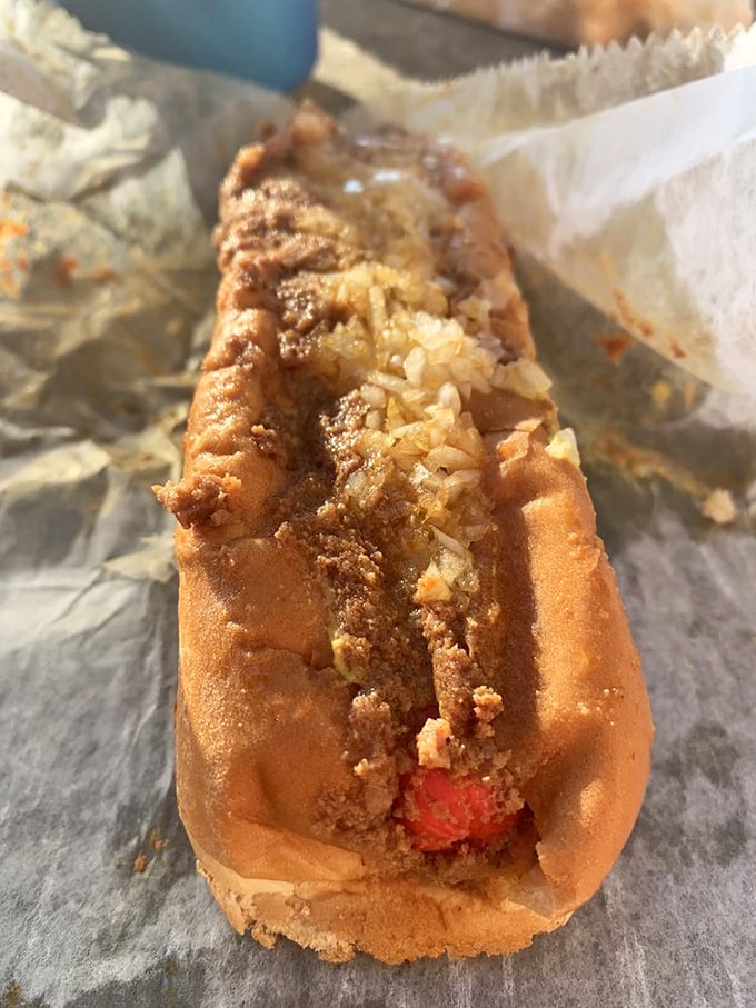 Behold the chili cheese dog in its natural habitat – where meat meets heat meets sweet meets messy perfection. Napkins are not optional.