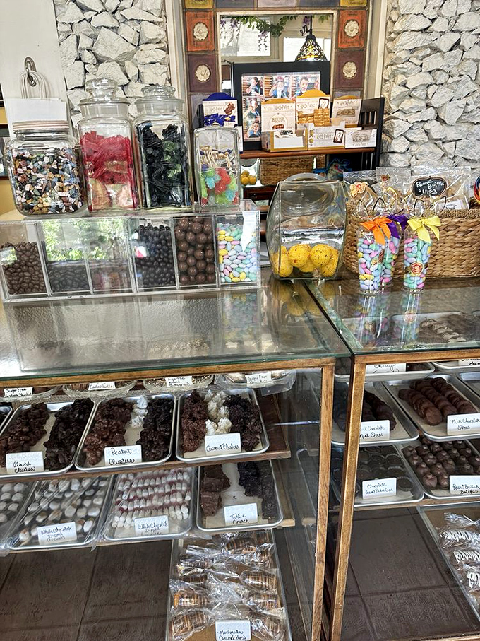 Glass jars standing at attention like sweet sentinels guarding treasures worth the drive. The colorful candy brigade offers something for every nostalgic craving.