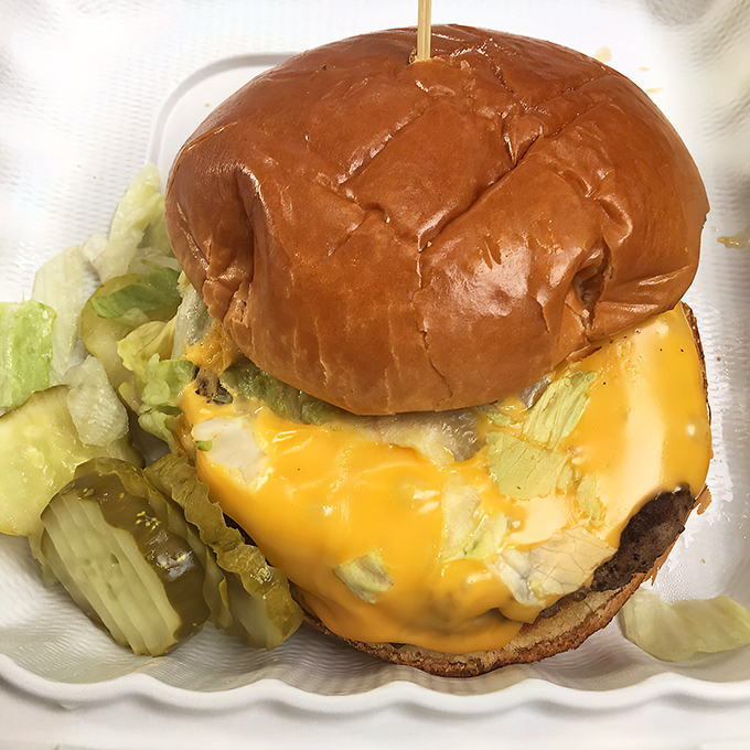 Behold the humble cheeseburger, elevated to art form. That melty American cheese cascading down the sides is nature's most perfect waterfall.