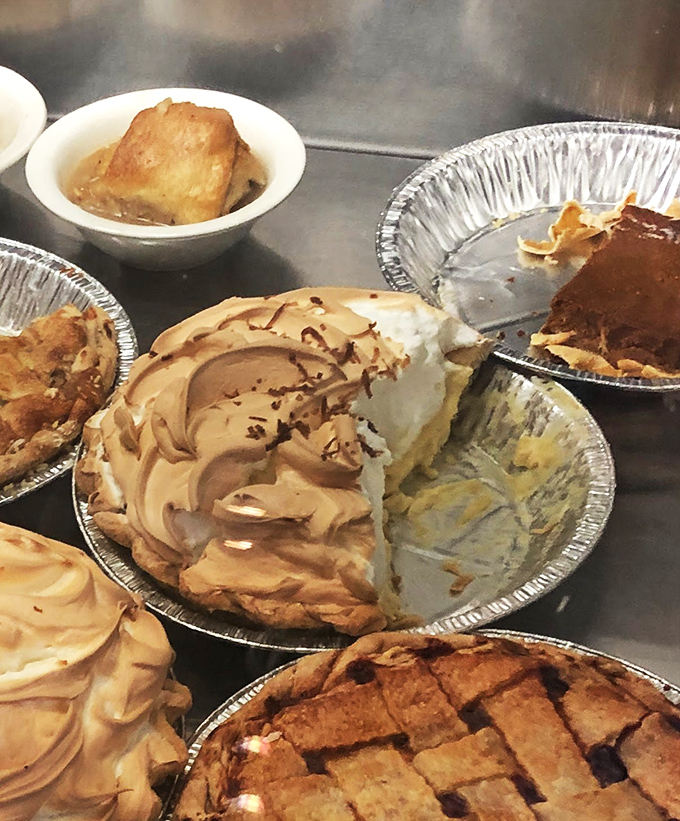 Behold the chocolate cream pie's perfect layers! Like geological strata of deliciousness, each one contributes to the masterpiece that will disappear in minutes.