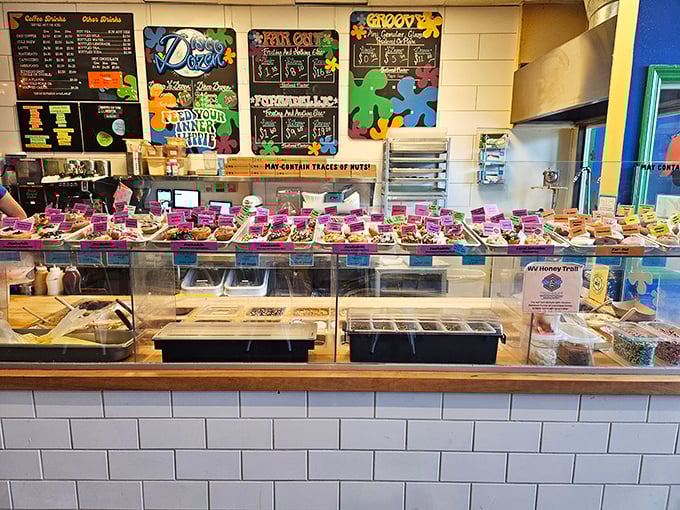 A treasure trove of tiny delights awaits behind glass, each donut a miniature masterpiece that makes portion control feel like a party, not a punishment.