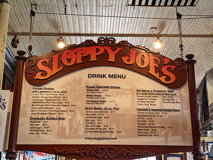 The drink menu hangs like a sacred text, promising liquid salvation in the form of Sloppy Ritas and island-inspired concoctions.