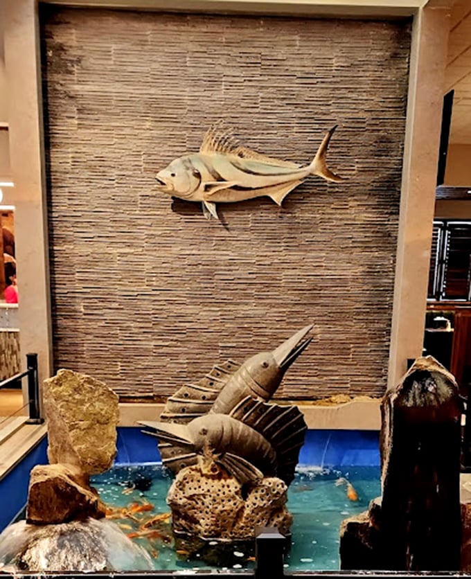 A decorative fish pond adds tranquil ambiance to your dining adventure. No, these aren't tomorrow's special&mdash;just peaceful companions for your feast.
