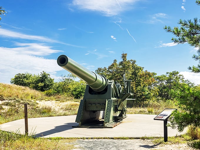 History stands at attention at Fort Miles, where this preserved coastal defense gun reminds visitors of Delaware's strategic importance during World War II.