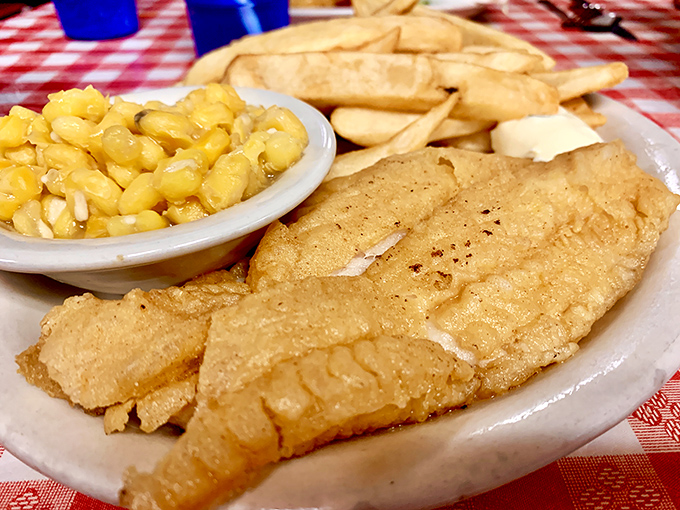 Golden-battered catfish that crackles like autumn leaves underfoot. That cornmeal crust is holding secrets that fancy restaurants would pay millions to discover.