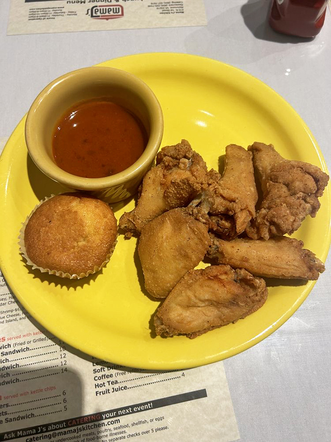 Golden-fried chicken that makes a more satisfying crunch than stepping on autumn leaves, paired with cornbread that whispers sweet nothings.