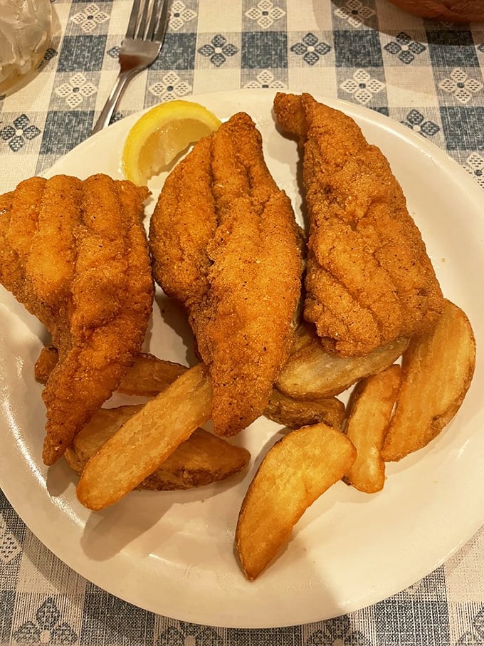 Golden-fried catfish fillets that crunch louder than your dad in the movie theater. The perfect marriage of cornmeal and freshwater delicacy.