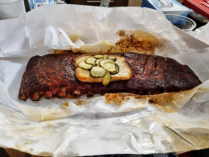 Behold the holy grail of Kansas City barbecue. This rack of ribs has more bark than a forest and enough flavor to make a vegetarian weep.