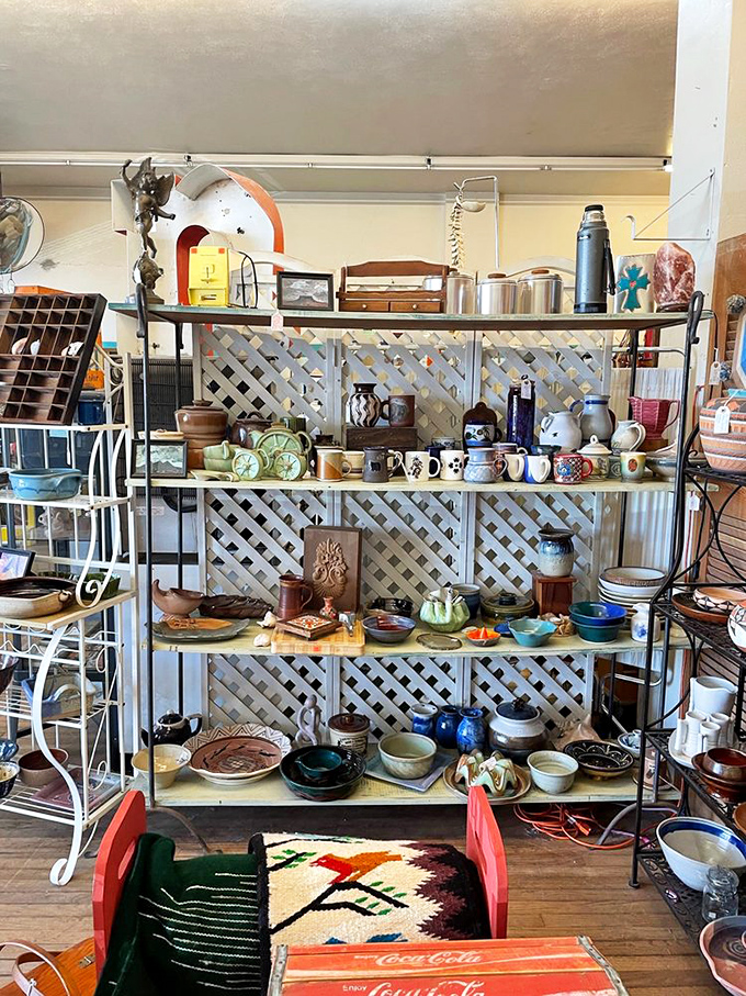 Pottery paradise! Each shelf tells stories of dinners past, where these mugs and bowls once witnessed family conversations.