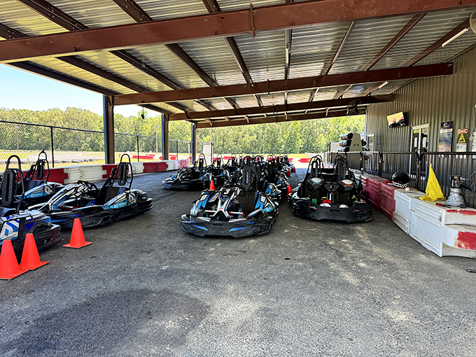 Go-kart heaven awaits under this covered pavilion. Each machine sits patiently, like racehorses at the starting gate, eager for their next driver.