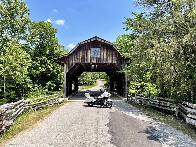 Not all who wander are lost&mdash;especially at this rustic covered bridge where motorcyclists and photographers find equal measures of Ozark magic.
